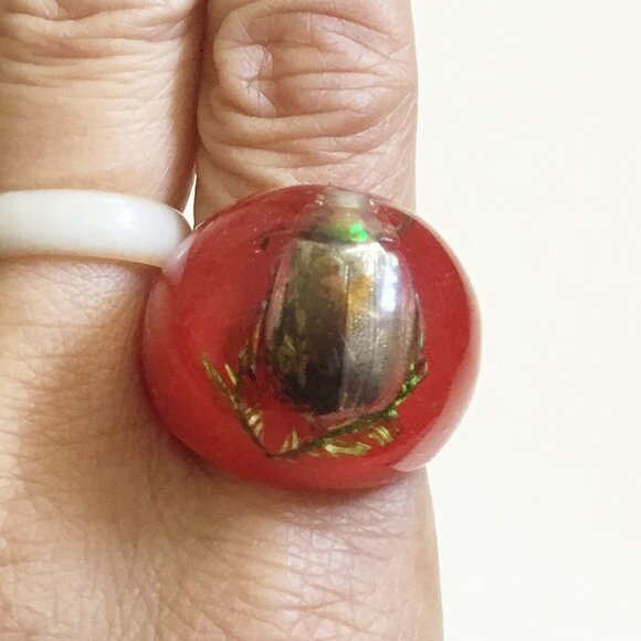 Jewelry | Vintage Red Lucite Scarab Beetle Insect Bug Bubble Dome Ring ...